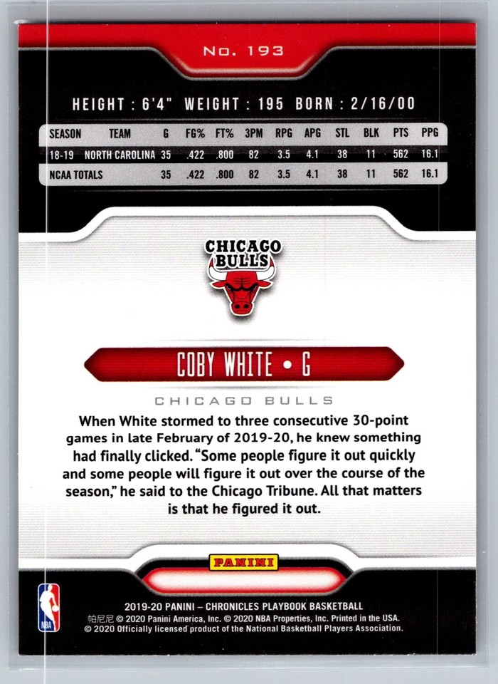 2019-20 Panini Chronicles 193 Coby White Chicago Bulls RC Basketball ...