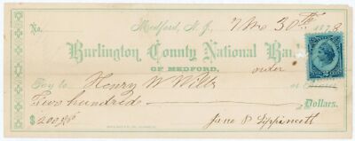1878 Burlington County National Bank Check Draft Medford New Jersey ...