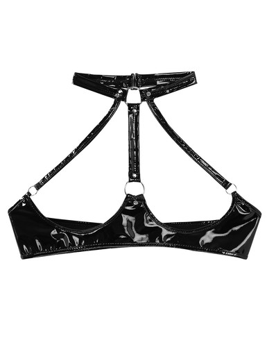 Lingerie Femme Soutien Gorge En Cuir Verni Bra Ouvert Harnais Poitrine