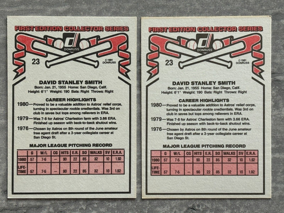 (2) 1981 Donruss DAVE SMITH "Incomplete Stat Box" Error & Corrected ...