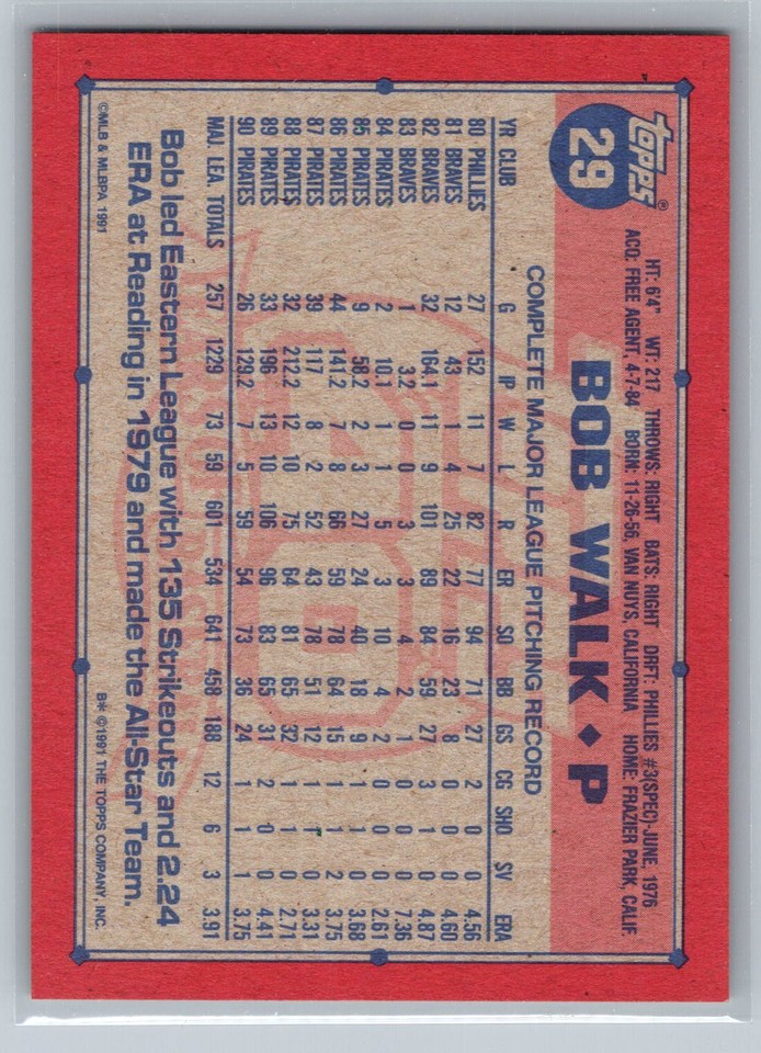 1991 Topps Baseball #29 Bob Walk Pittsburgh Pirates | eBay