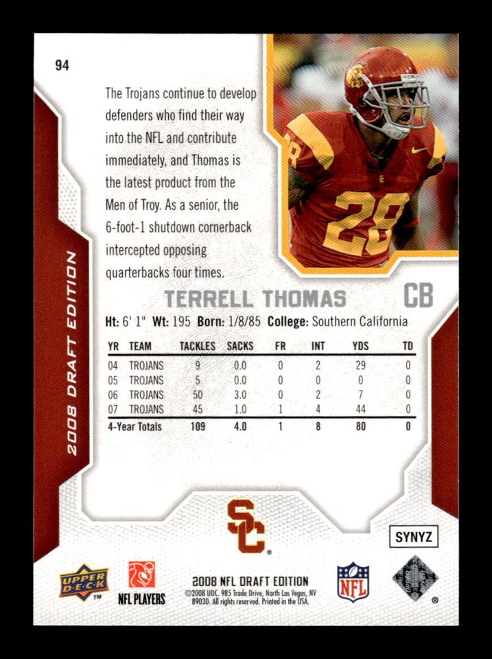 2008 Upper Deck Draft Edition Terrell Thomas #94 RC | eBay