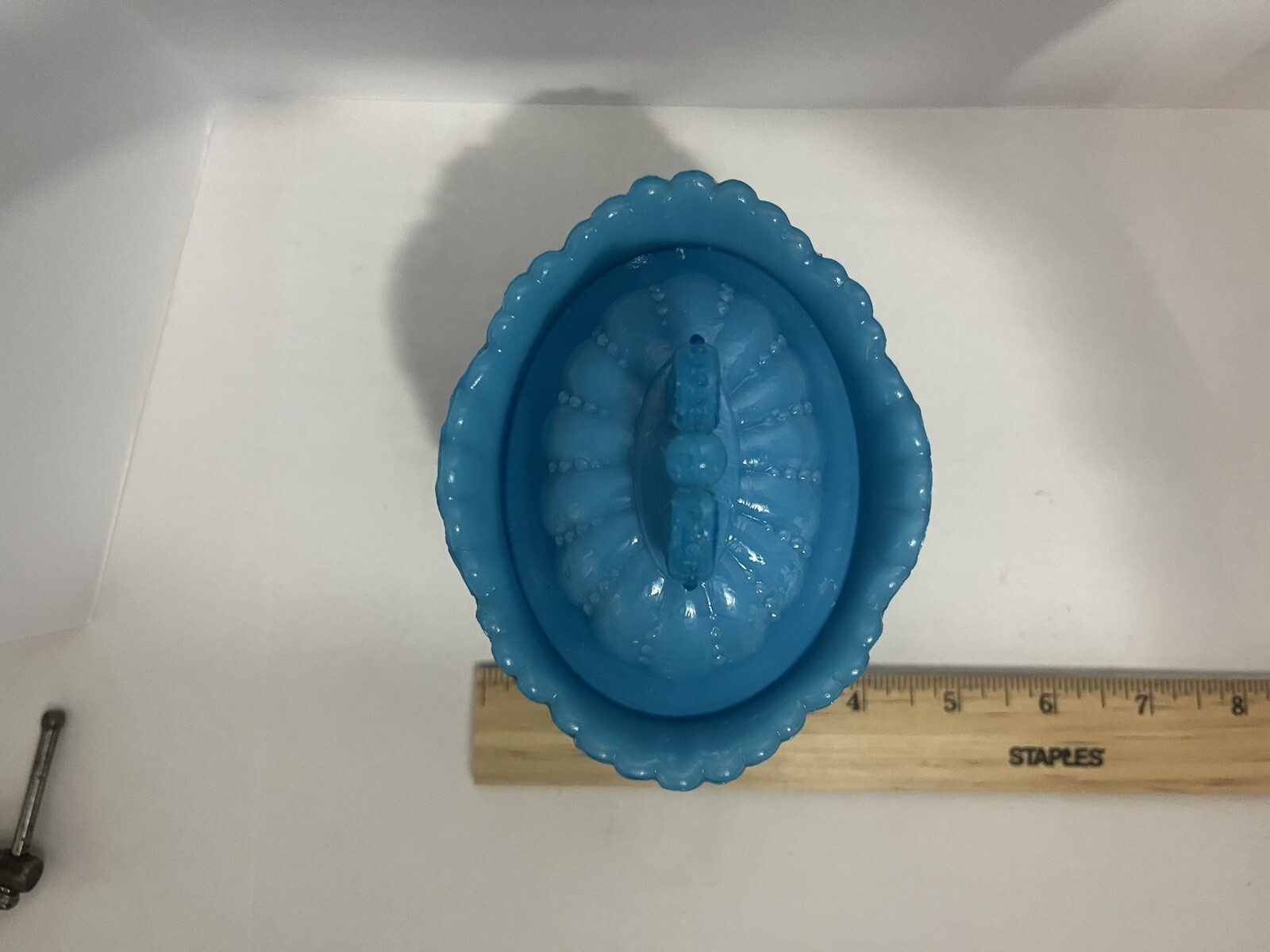 Antique Fancy Blue Milk Glass Bowl Lidded Candy Dish Scrolls Beaded ...