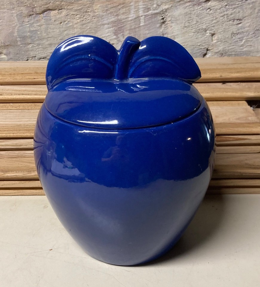 Vintage Red Wing Art Pottery Glossy Cobalt Blue APPLE Cookie Jar 8 ...