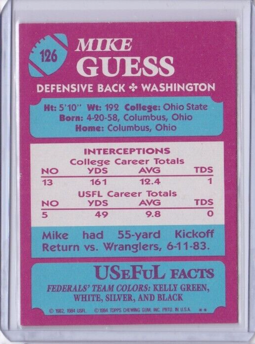 1984 Topps USFL #126 MIKE GUESS WASHINGTON FEDERALS NRMT | eBay