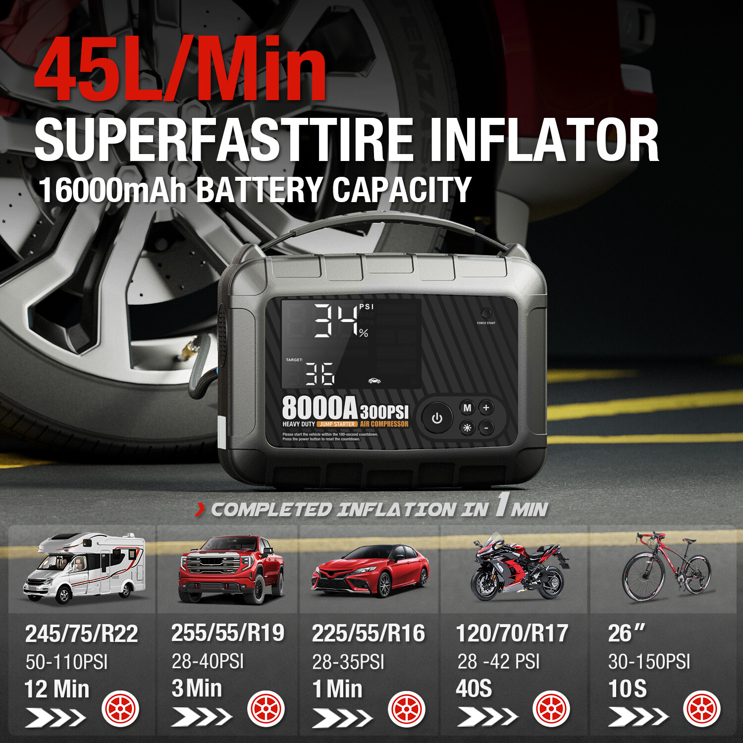 8000A Car Jump Starter with Air Compressor Power Bank Portable Emergency Battery | eBay