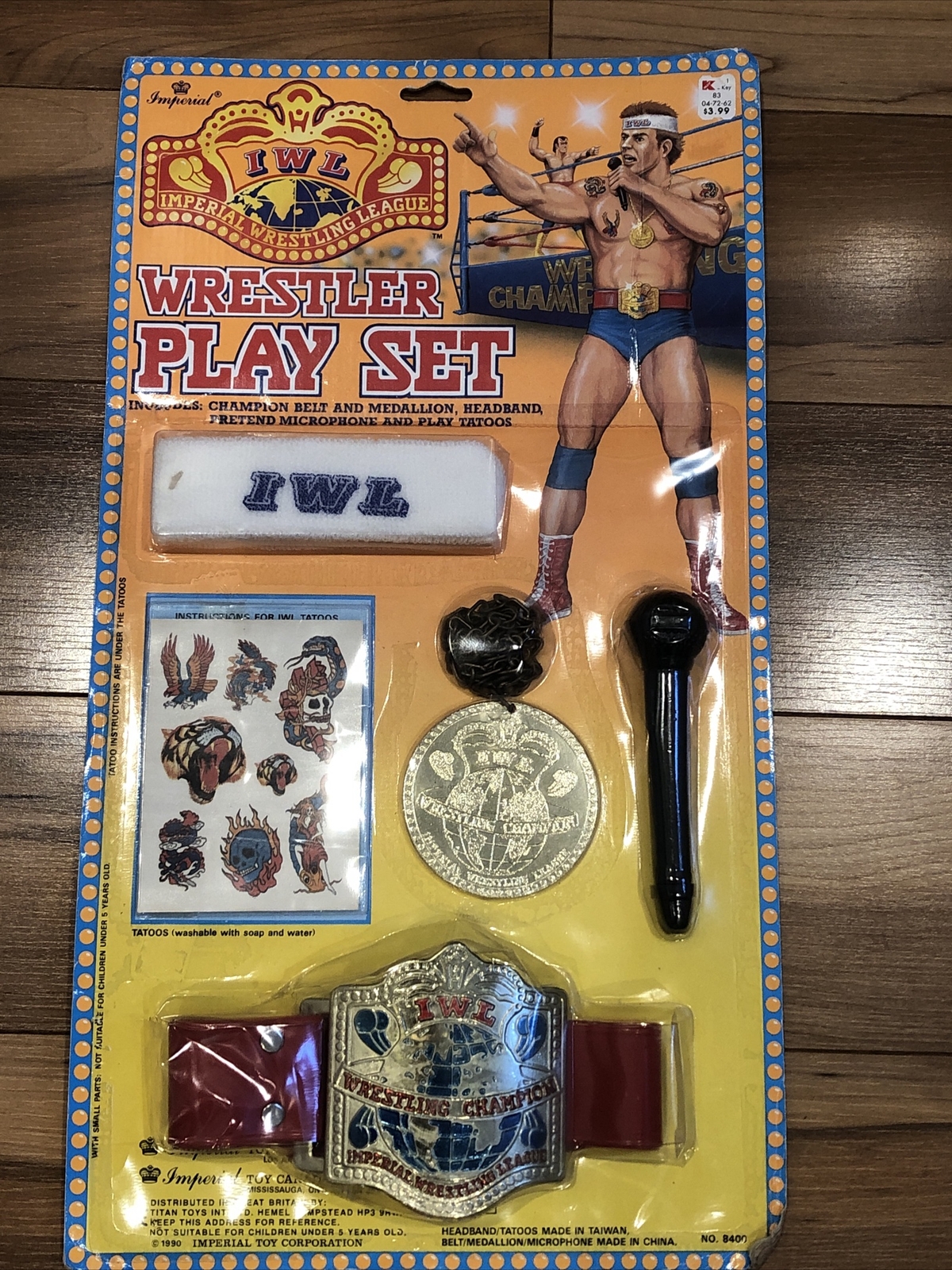 Vtg 1990 IWL Wrester Play Set Belt microphone tatoos necklace headband ...