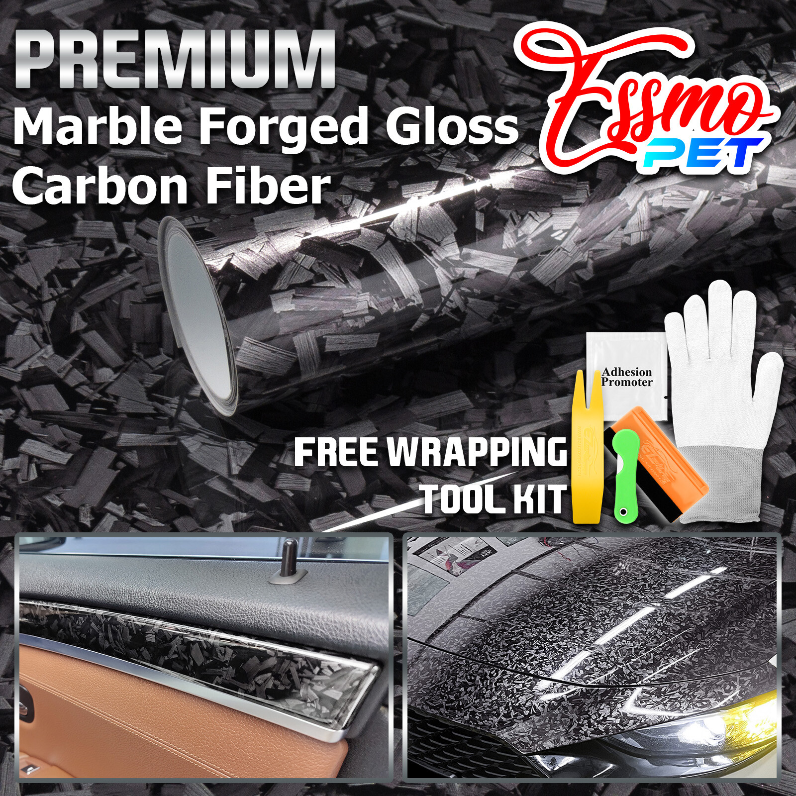 ESSMO PET Marble Forged Gloss Carbon Fiber Silver Car Vehicle Vinyl ...