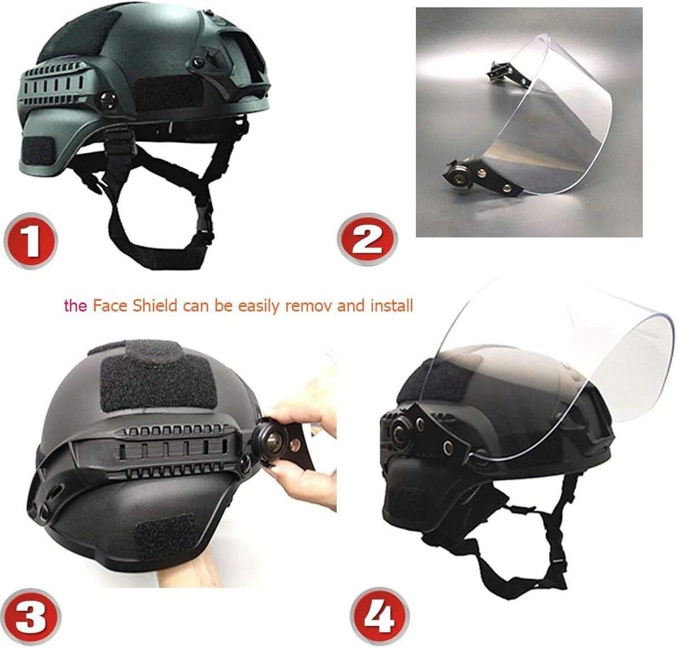 Tactical MICH 2000 Fast Helmet with Clear Riot Visor Face Shield ...