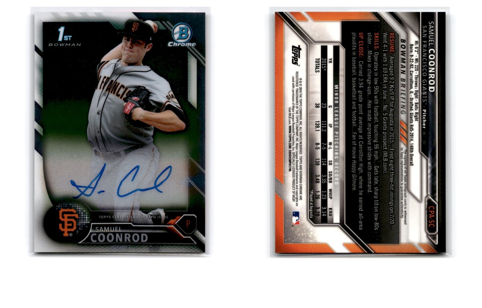 2016 Bowman Chrome Samuel Coonrod Prospects Autographs #CPA-SC Auto | eBay