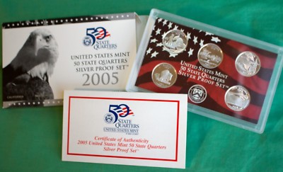 2005 S Proof State Quarter 90% Silver 5 Coin Statehood 25c Set with Box ...