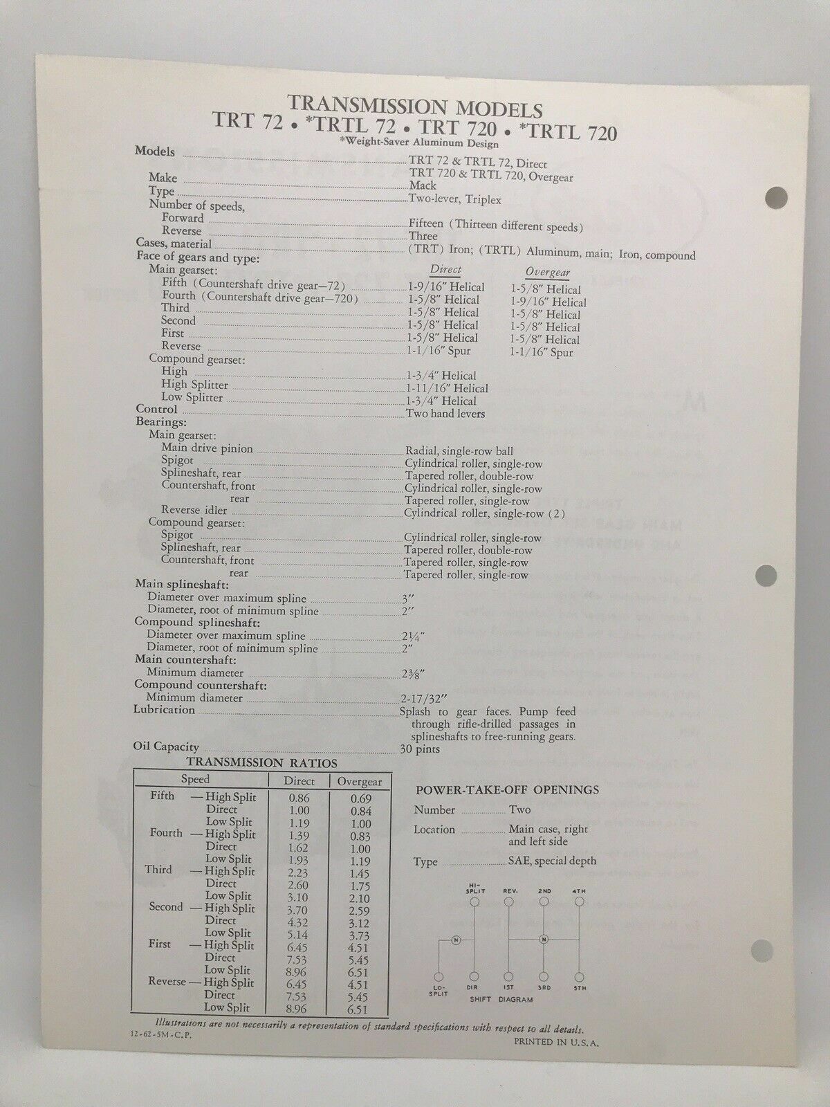 1963 MACK TRIPLEX TRANSMISSIONS MODEL TRT/TRTL 72 Direct TRT/TRTL 720 ...