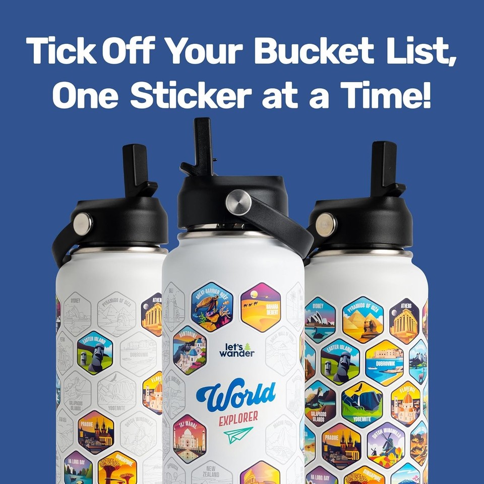 LET'S WANDER World Explorer Adventure Water Bottle with 50 Waterproof ...