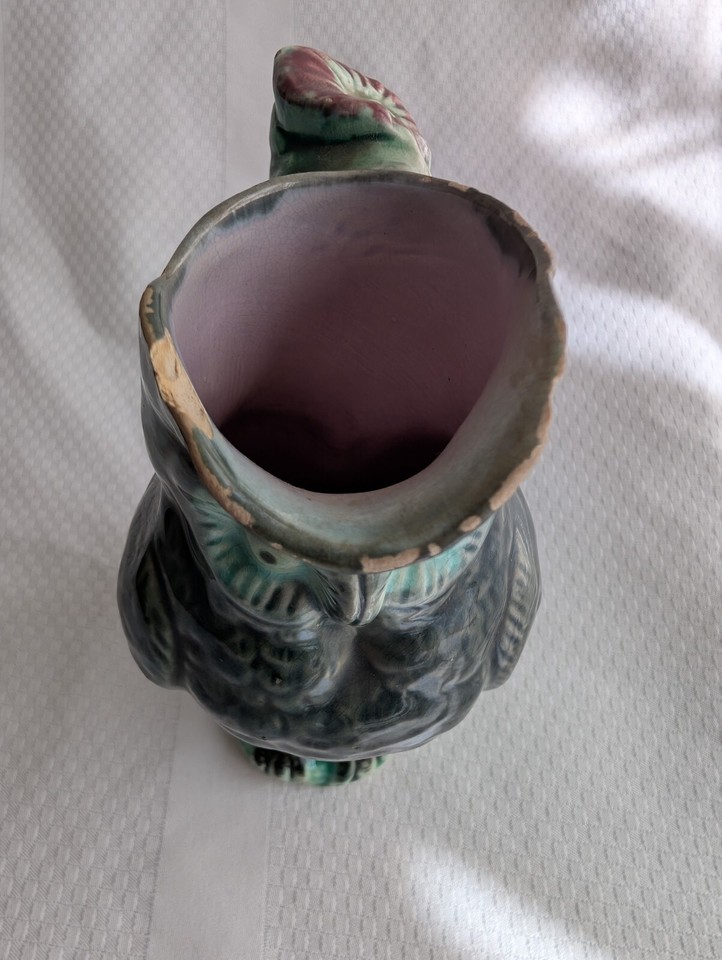 VINTAGE Owl Pitcher Majolica Style Figural Pitcher Green Blue Glaze ...