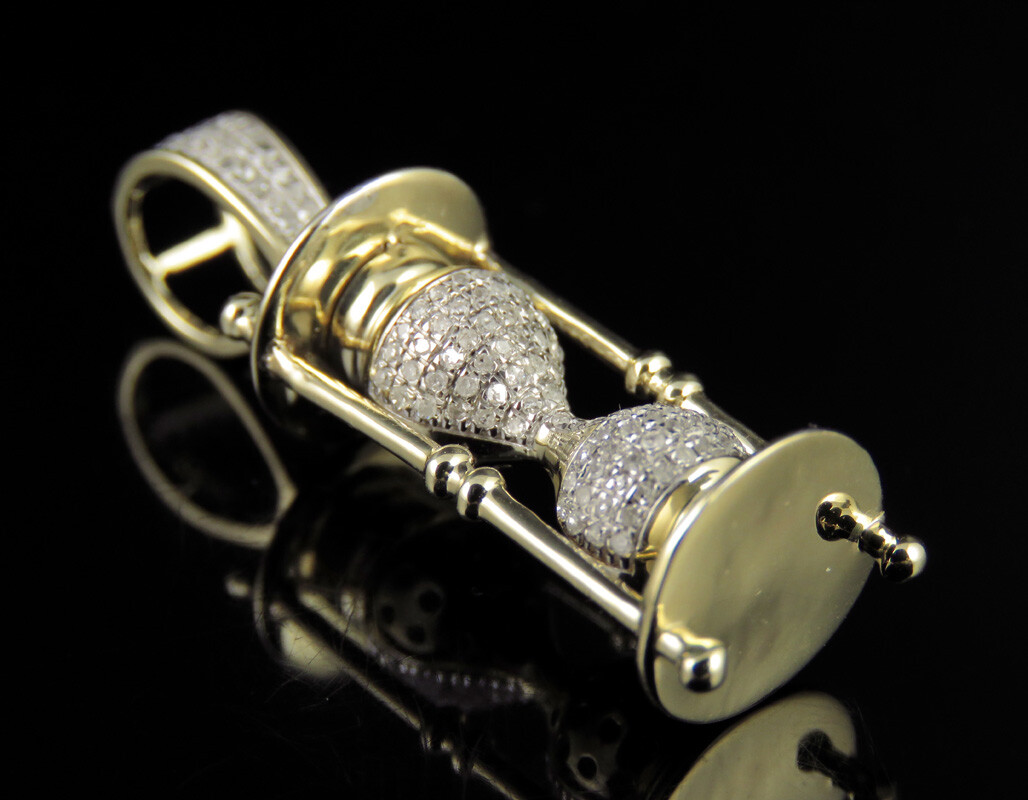 Men's 10K Yellow Gold Real Diamond Hourglass Time Pendant Charm 7/25 CT ...