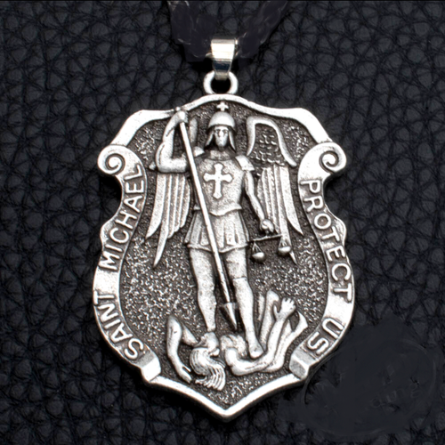 Large ST MICHAEL PROTECT SHIELD Pendant On 20" 925 Sterling Silver ...