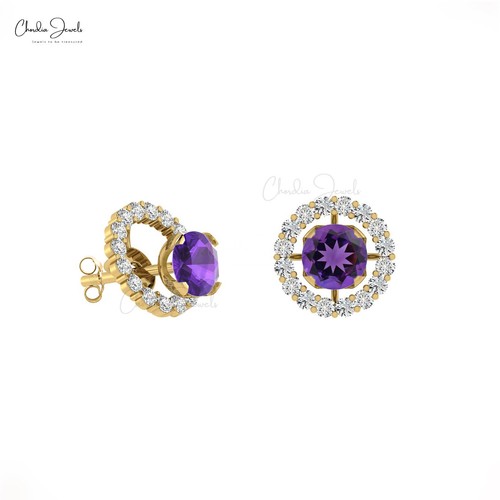 Solid 14k Gold Detachable Earrings with 4mm Amethyst & Diamond Halo ...