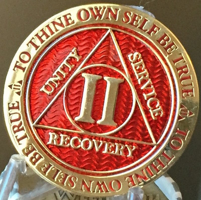 2 Year AA Medallion Red Gold Plated Alcoholics Anonymous Sobriety Chip ...
