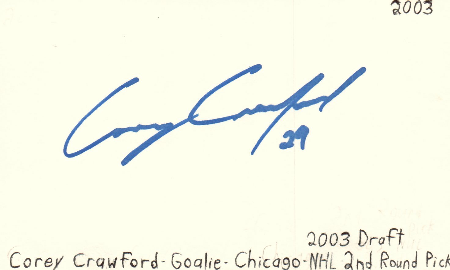 Corey Crawford Autographed Signed Goalie Chicago NHL Hockey Index Card ...