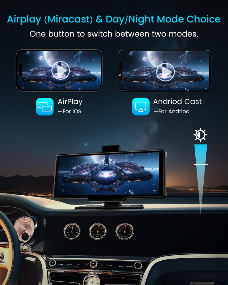 10.26" 2K Car Portable Wireless Apple CarPlay Android Auto Touch Screen ...