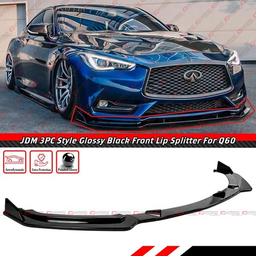 FOR 17-22 Infiniti Q60 V2 JDM 3pc Glossy Black Front Bumper Lip Spoiler ...