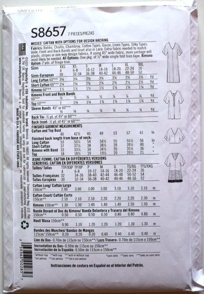 SIMPLICITY PATTERN 8657 CAFTAN MISSES SIZES XXS XS SM MED LRG XLG XXL ...