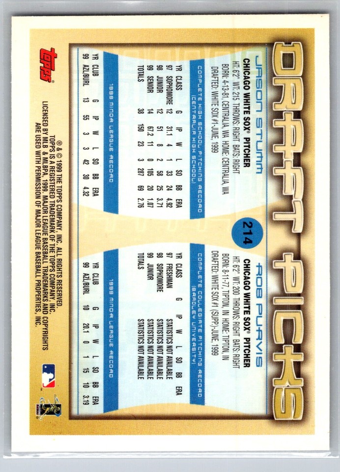 2000 Topps Baseball Card #214 Rob Purvis / Jason Stumm Chicago White ...