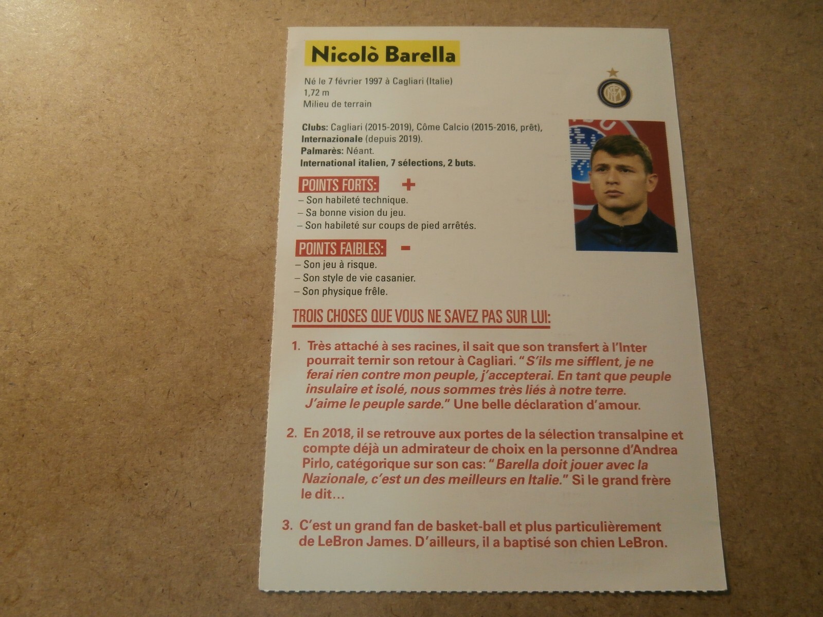 NICOLO BARELLA (INTER MILAN), FOOTBALL ROOKIE CARD SO FOOT (JT29) | eBay