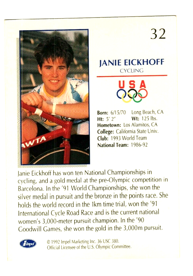 1992 Impel U.S. Olympicards - #32 JANIE EICKHOFF CYCLING NM-MINT | eBay