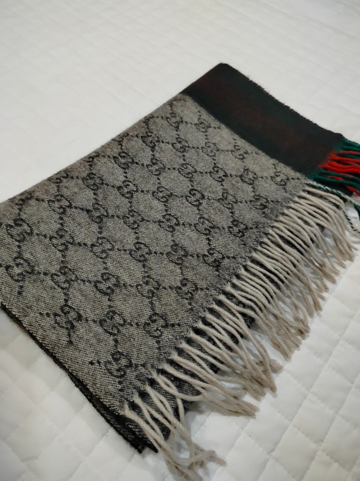 GUCCI Scarf Muffler stole Cashmere GG and Striped Logo fabric Label removed Gray | eBay