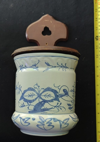 Large Vintage Porcelain Flow Blue Salt Box with Wooden Wall Mount ...