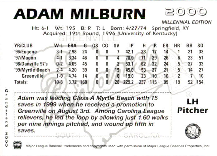 2000 Greenville Braves Grandstand #16 Adam Milburn Springfield Kentucky ...