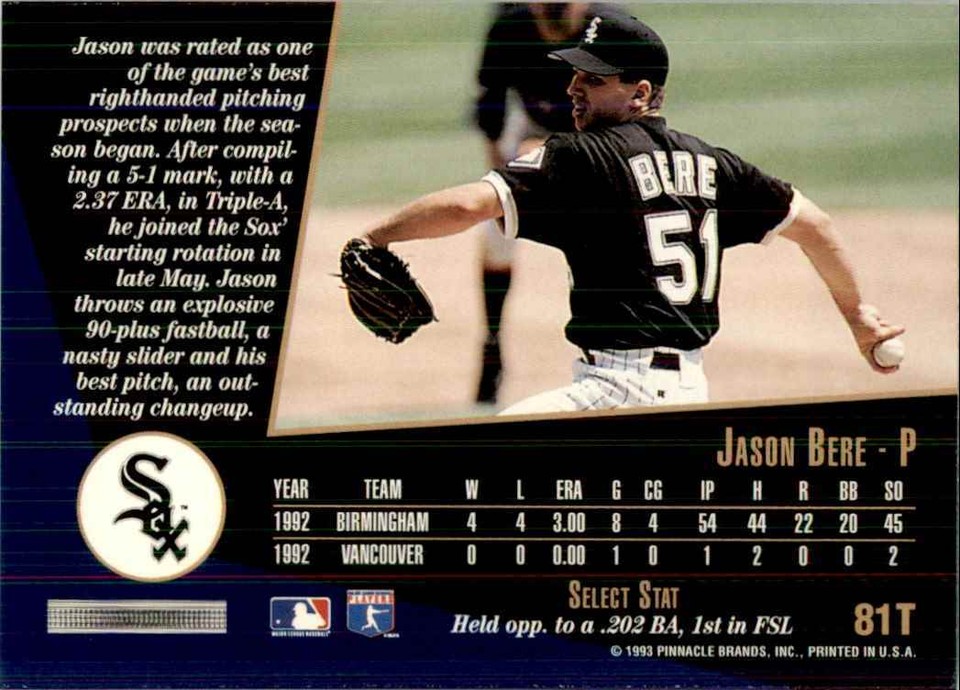 1993 Select Rookie/Traded Jason Bere Chicago White Sox #81T | eBay