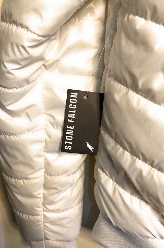 Stone Falcon Quilted Puffer Jacket White XL Fur Lined Zip Pockets Full ...