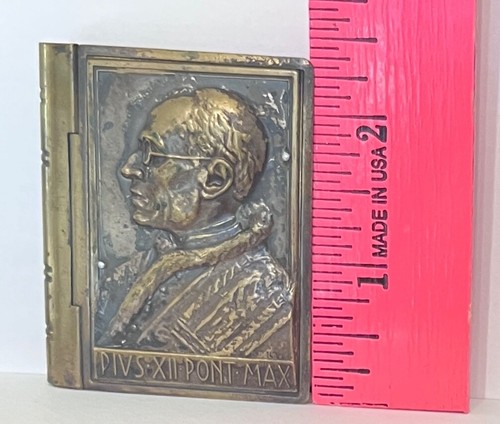 Vintage brass Rosary Case Pre-Vatican II Pope Pius XII in relief IHS ...
