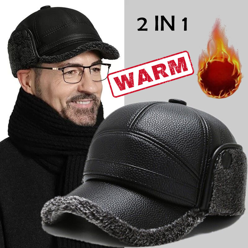 Men Baseball Caps With Ear flaps Cotton PU Warm Fall Winter Thick Hats ...