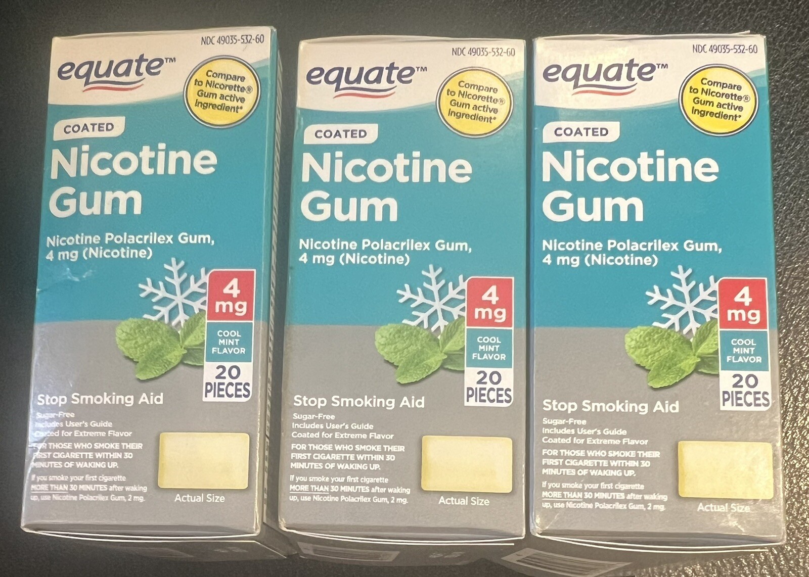 3 Boxes Equate Nicotine Gum 4 mg Cool Mint Total of 60 Pieces New Exp ...