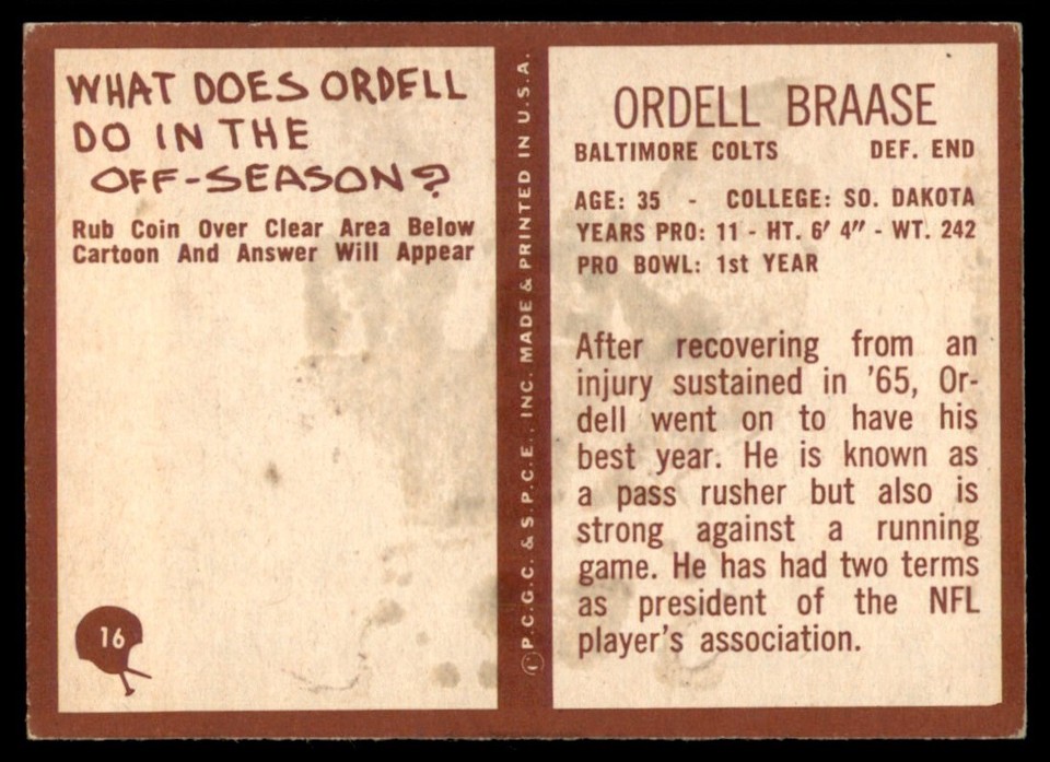 1967 Philadelphia Ordell Braase RC Baltimore Colts #16 EX-EXMT | eBay