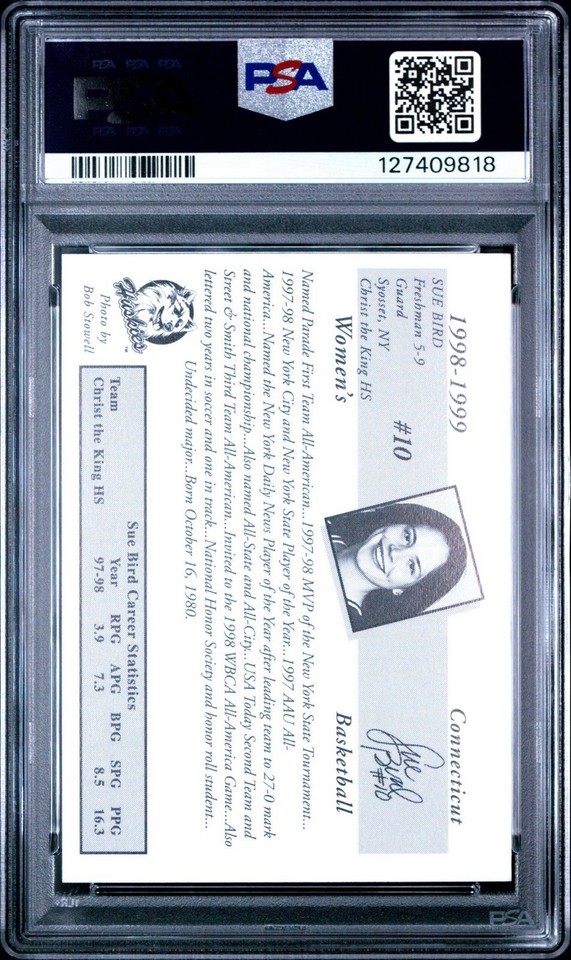 1998 UConn Women Sue Bird Pre Rookie Storm GOAT 1st Card PSA 10 GEM ...