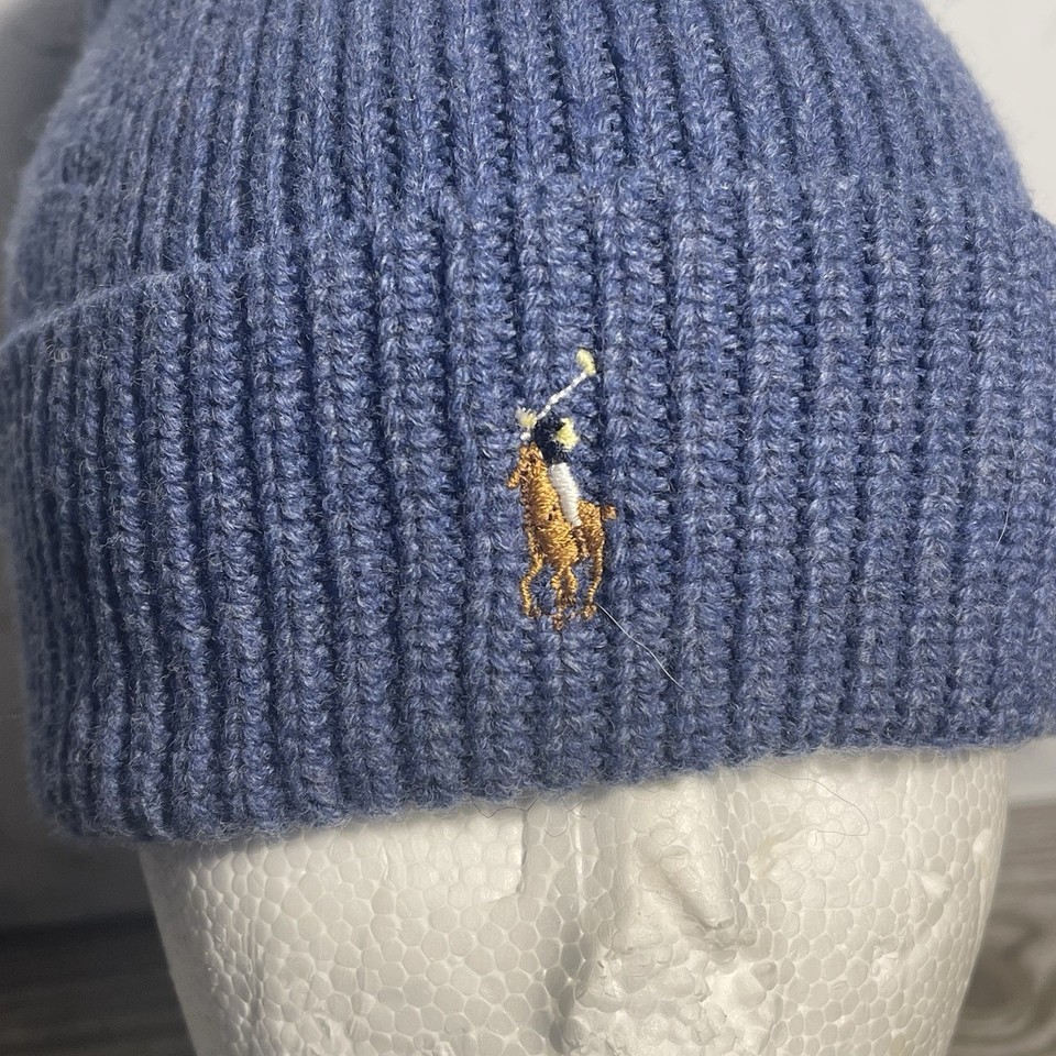 Polo Ralph Lauren Pony Knit Cuffed Beanie Winter Hat Blue Gray 100% ...