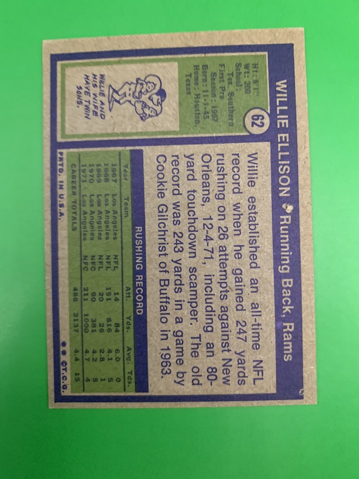 1972 Topps Willie Ellison RC Los Angeles Rams #62 | eBay