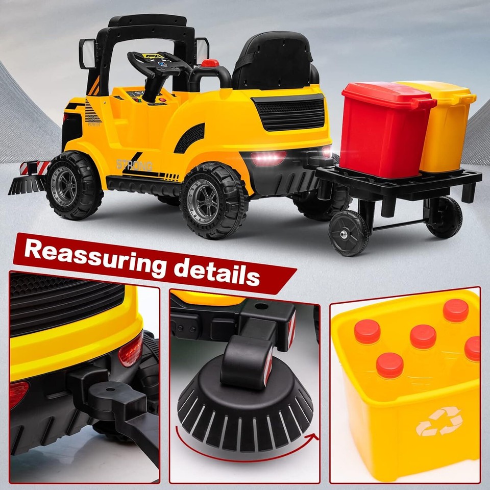 ZEOPHOL 12V Kids Ride On Toy Sweeper Truck Construction Car Trailer ...