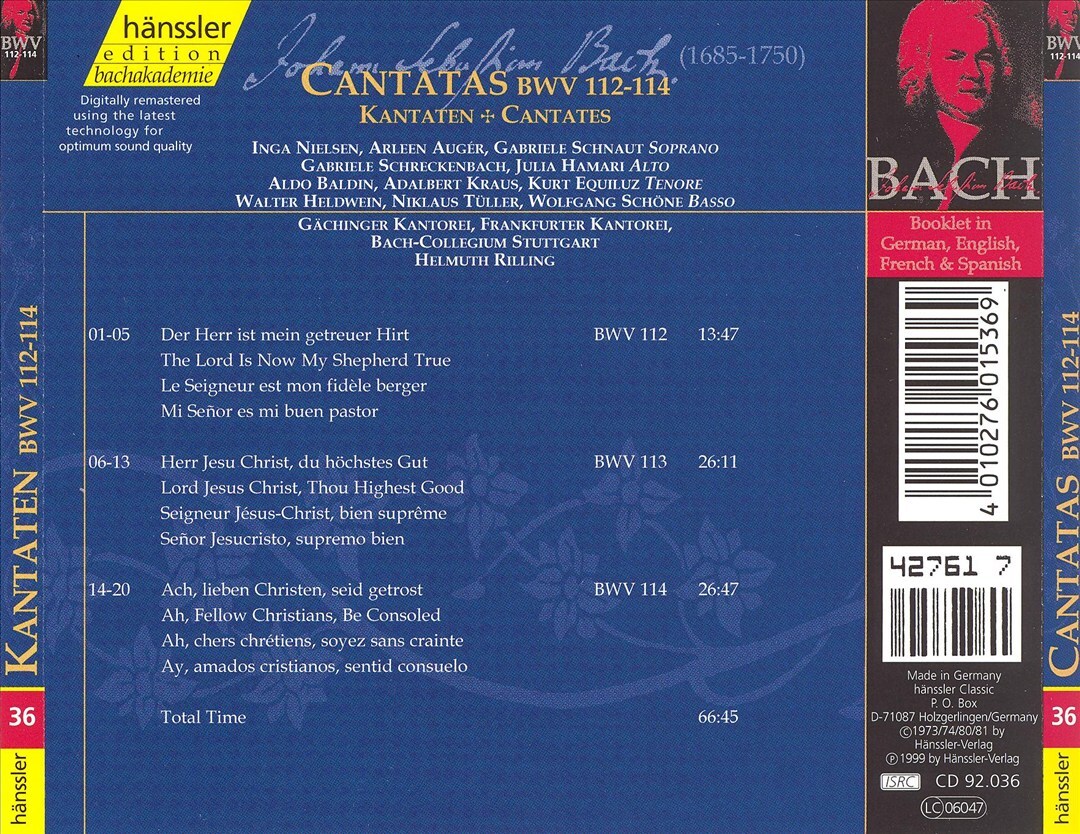 HELMUTH RILLING BACH: CANTATAS, BWV 112-114 NEW CD | eBay