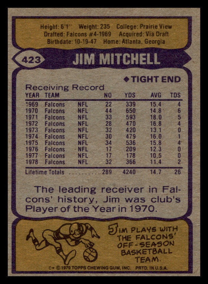 1979 Topps Jim Mitchell #423 Atlanta Falcons | eBay