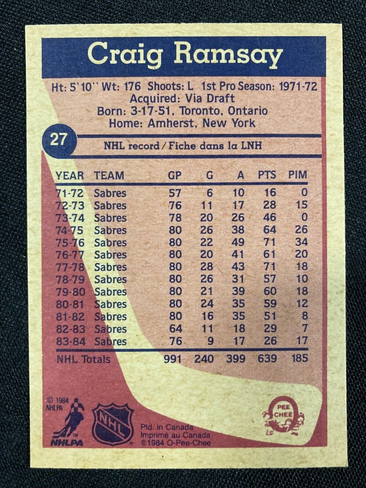 1984-85 O-PEE-CHEE HOCKEY CARD CRAIG RAMSAY #27 HAND SIGNED W/COA NRMT ...