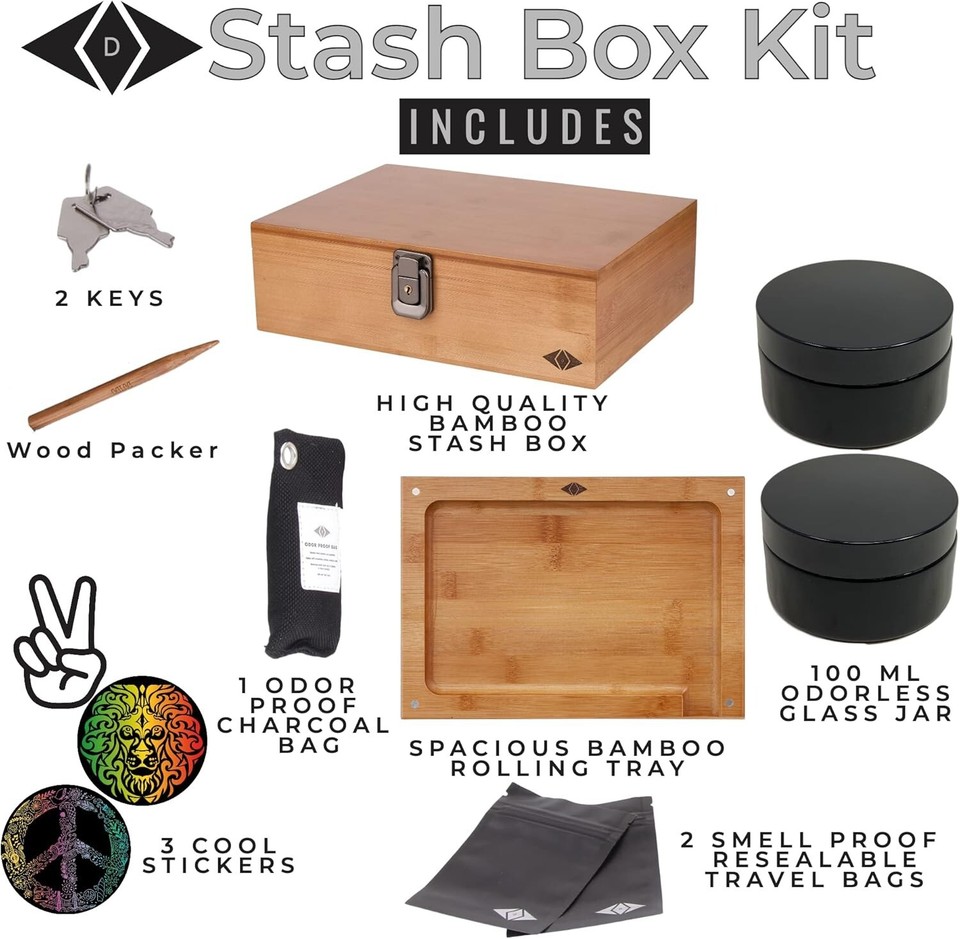 Premium Large Stash Box Kit with Lock –Bamboo Wood Rolling Tray ...