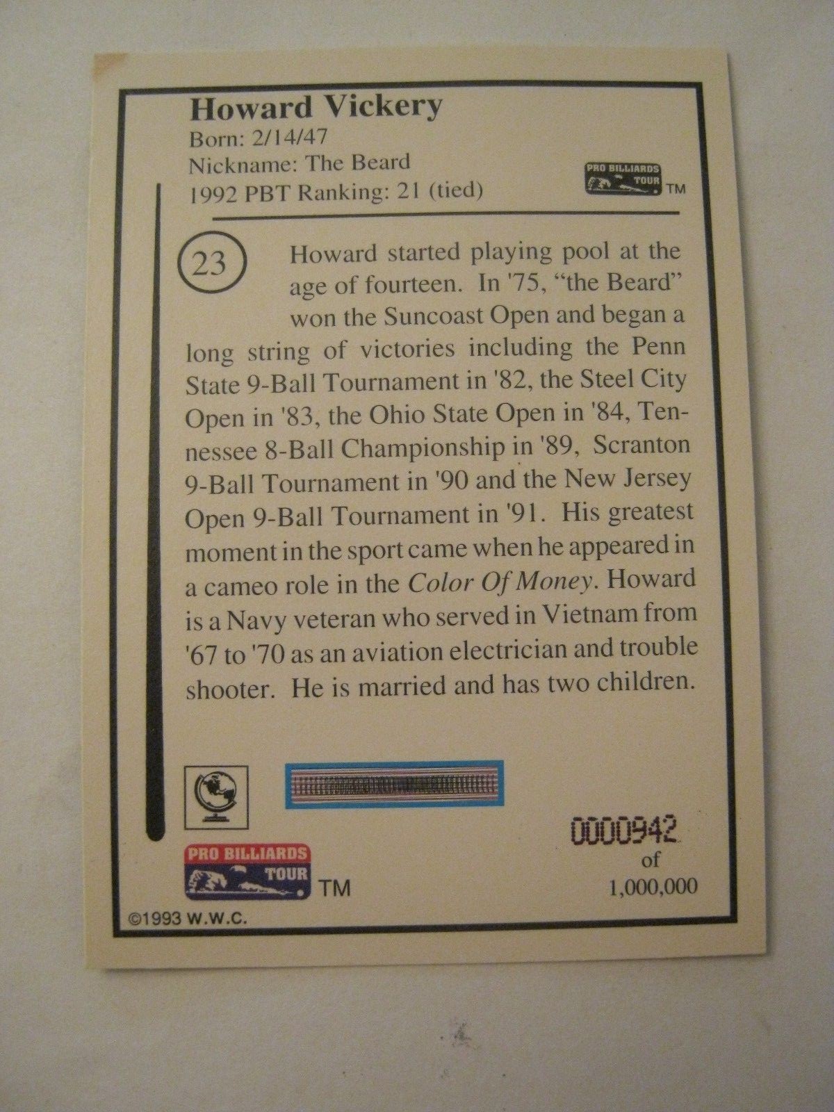 Howard Vickery 1993 Pro Billiards Tour, Portrait, Card #23 (MS-14) | eBay