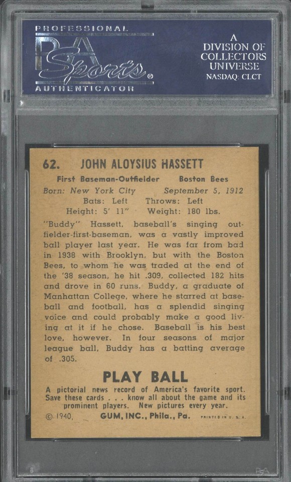 1940 Play Ball #62 Buddy Hassett - PSA 7 | eBay