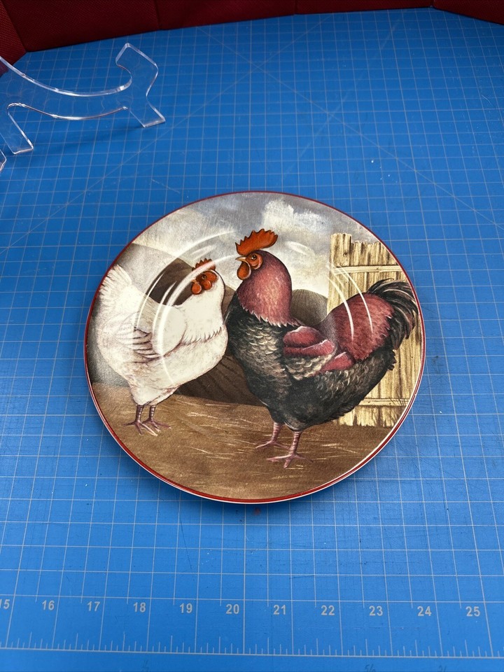 Vtg NOBLE EXCELLENCE Stoneware Chicken Scratch Plate HEN & ROOSTER 8.25 ...