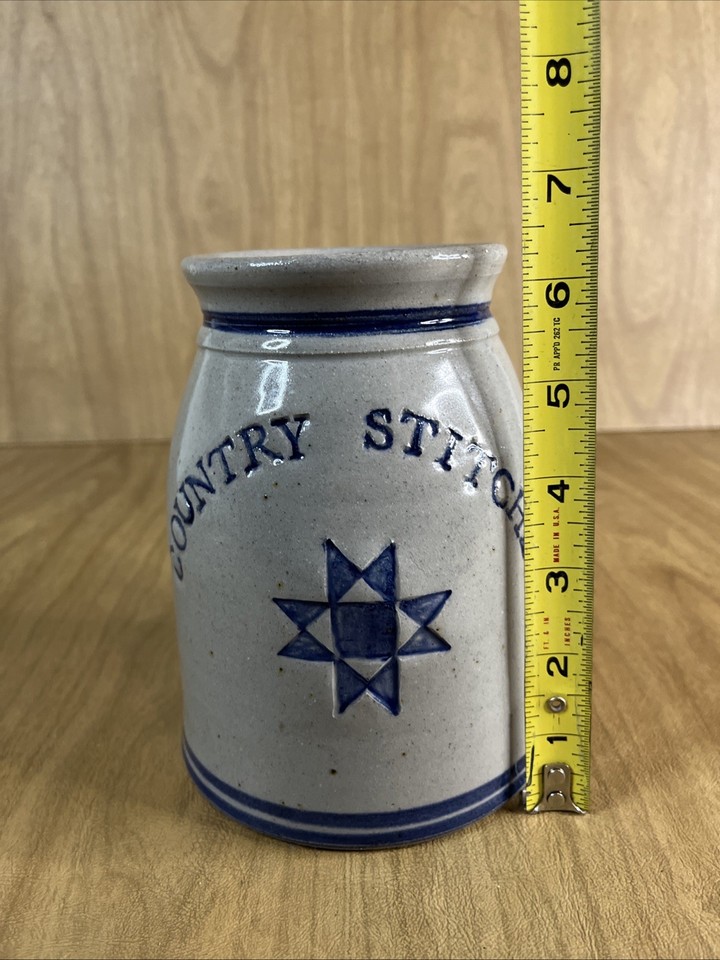 Vintage Art Pottery Stoneware Crock Country Stitches Blue 7” Signed ...